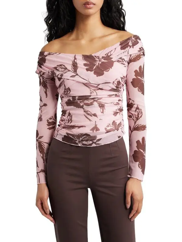 PETAL & PUP Off-the-shoulder Mesh Top - Pink Brown Floral