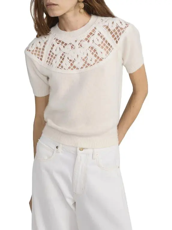 FRAME Lace Gathered Cashmere Short Sleeve Sweater - Cream