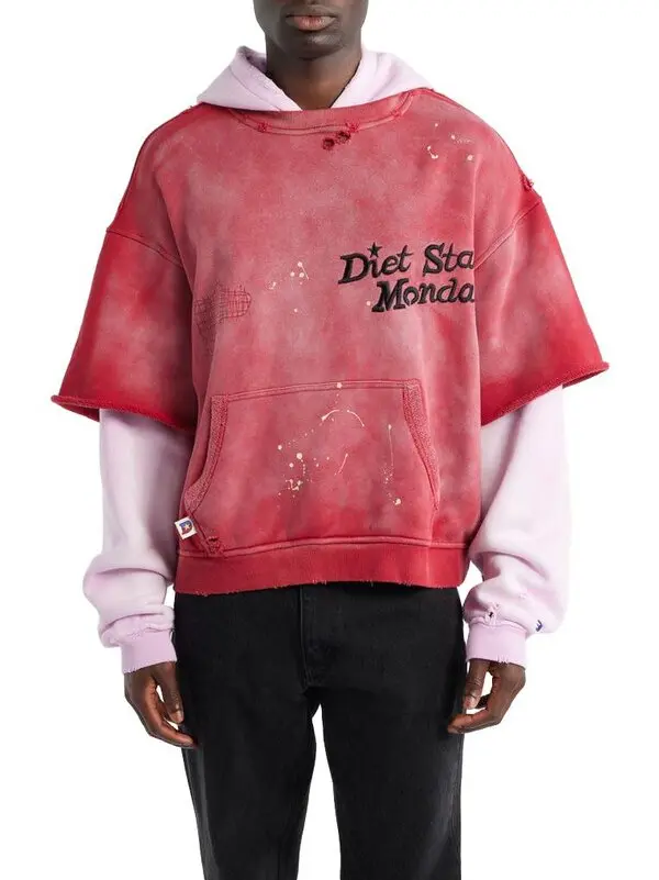 DIET STARTS MONDAY Double Layer Distressed Hoodie - Washed Red/pink