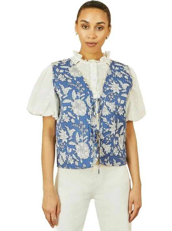YUMI Floral Reversible Quilted Vest Jacket - Blue