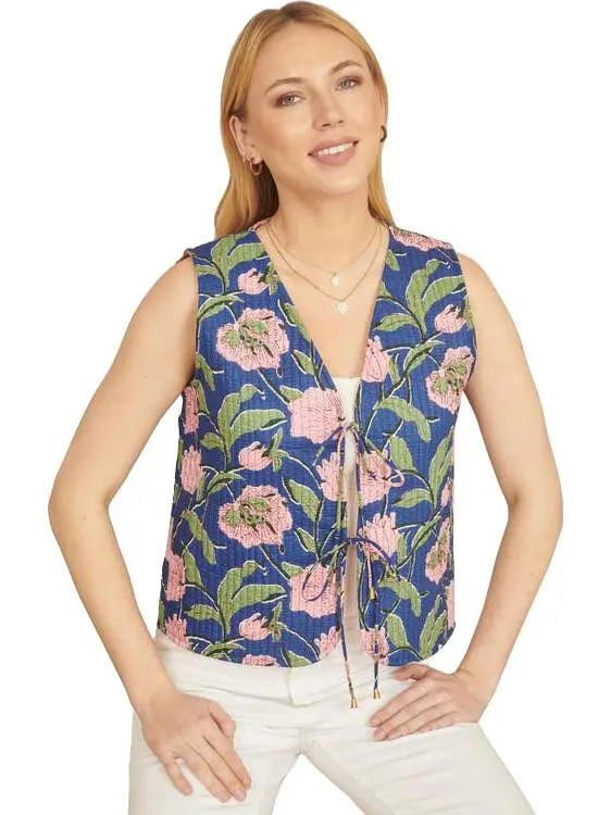 YUMI Floral Reversible Quilted Vest Jacket - Navy