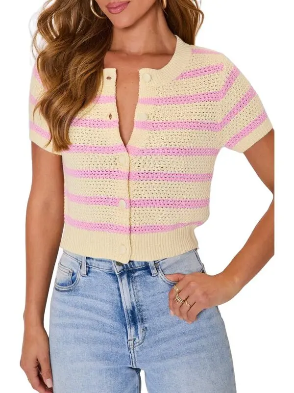 VICI Jessica Stripe Open Stitch Short Sleeve Cardigan - Yellow/pink
