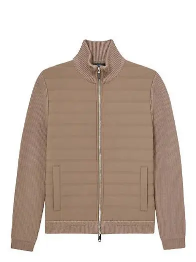 REISS Funnel-neck Quilted Knitted Jacket - Taupe Brown