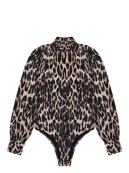 RO&ZO Leopard-print Puff-sleeve Bodysuit - Brown