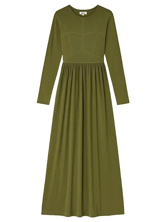 RO&ZO Long-sleeve Jersey Maxi Dress With Seamed Bodice - Khaki