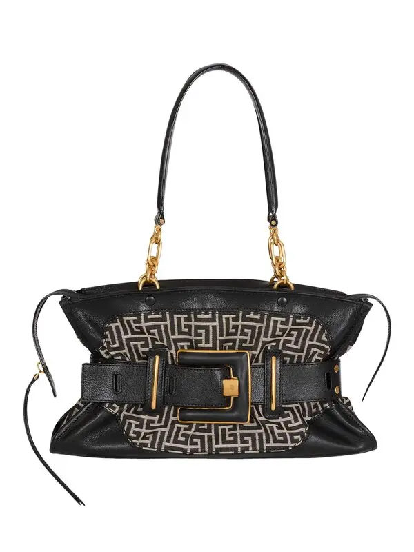 Balmain Leather And Monogram Jacquard Anthem Bag - Black
