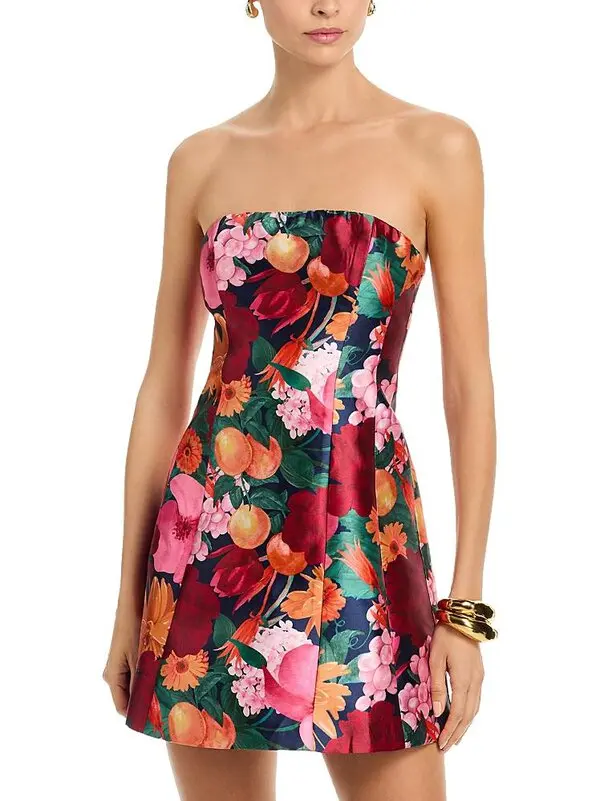 Aqua Floral & Fruit Strapless Mini Dress - Black Multi