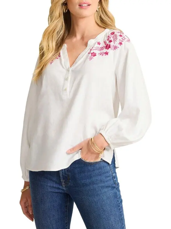 Tommy Bahama Embroidered Linen-blend Peasant Top - Bright Rose