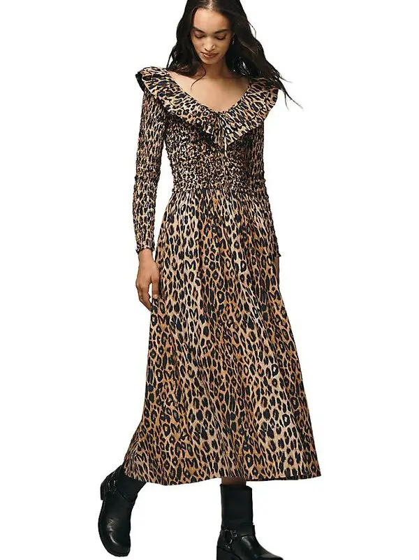 DAMSON MADDER Harper Shirred Midi Dress - Leopard