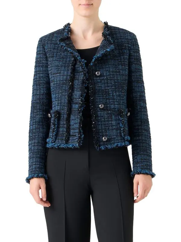 Akris Fringed Tweed Jacket - Medium Blue Denim-black