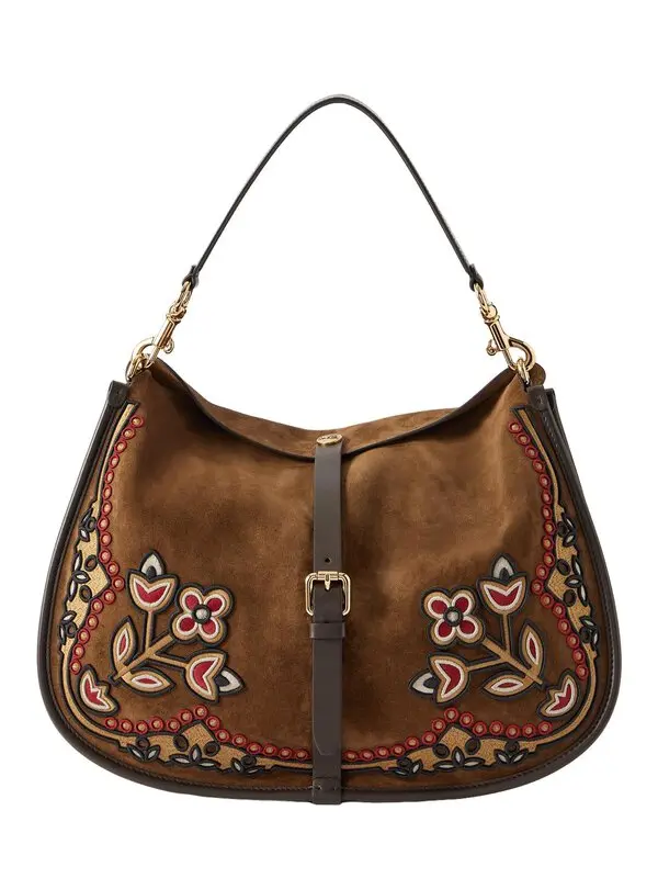Etro Embroidered Leather-trimmed Suede Shoulder Bag - Brown