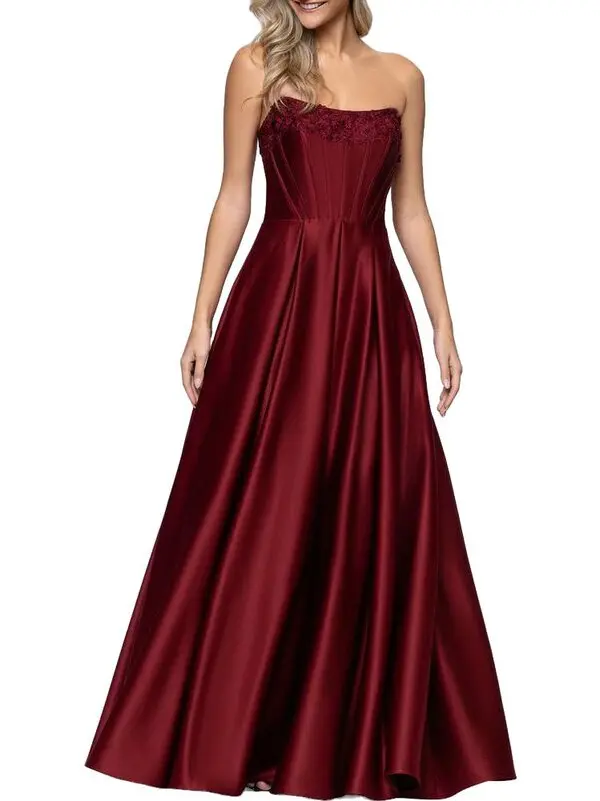 BLONDIE NITES Satin Corset Strapless Gown - Wine