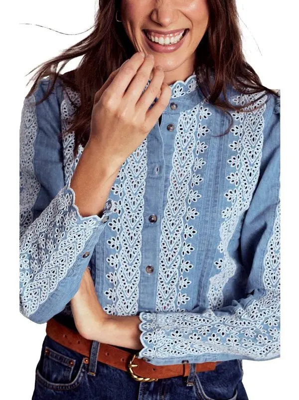 Boden Embroidered Denim Button-up Blouse - Chambray