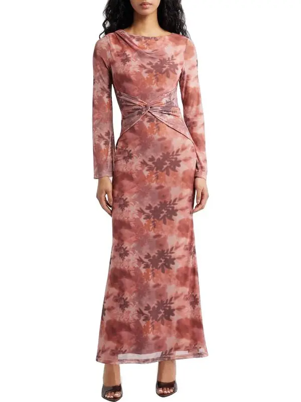PETAL & PUP Nash Long Sleeve Body-con Maxi Dress - Blurred Botanics