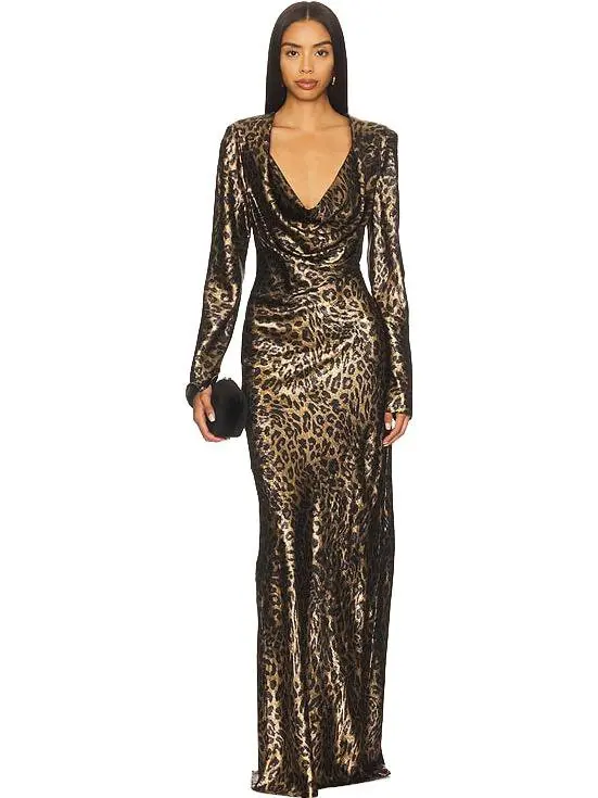 SANS FAFF Anna Cowl Evening Dress - Leopard Gold