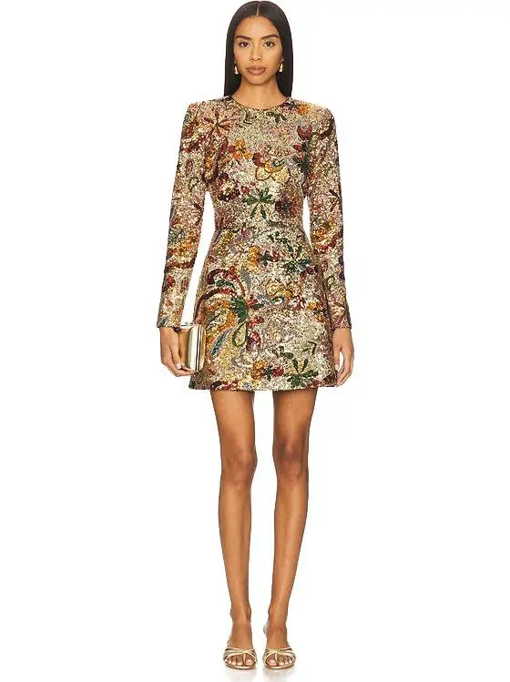 NADINE MERABI Camile Embellished Sequin Long Sleeve Mini Dress - Gold