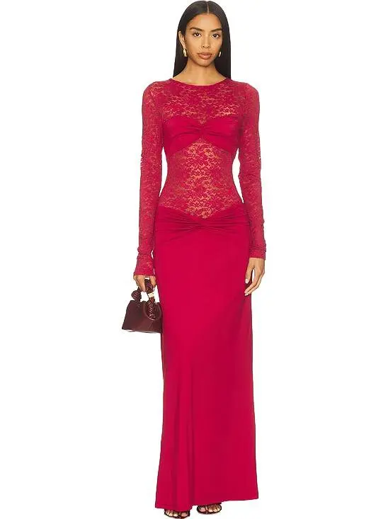 RUNAWAY THE LABEL Larna Lace Long Sleeve Maxi Dress - Cherry
