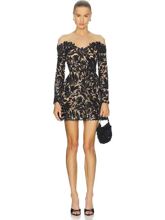 NADINE MERABI Embellished Floral Applique Dress - Black