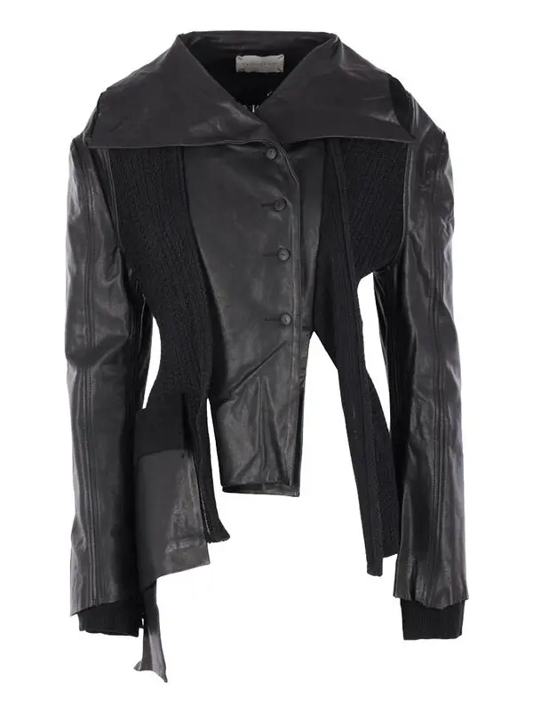 YEHUAFAN Deconstructed Leather Jacket - Black