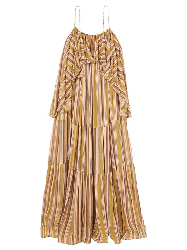 Zimmermann Rebellion Ruffled Tiered Striped Crepe De Chine Midi Dress - Yellow