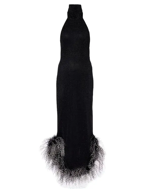 Oseree Lumière Plumage Halterneck Maxi Dress - Black