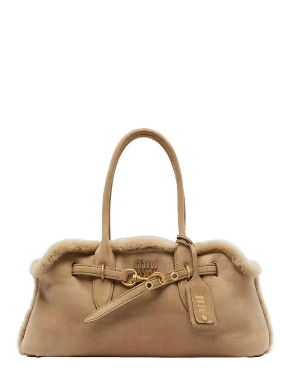 Miu Miu Shearling-lined Suede Tote Bag - Beige
