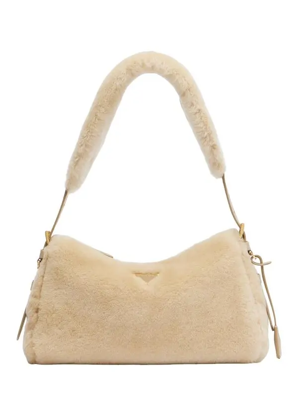 Prada Aimée Medium Shearling Shoulder Bag - Beige