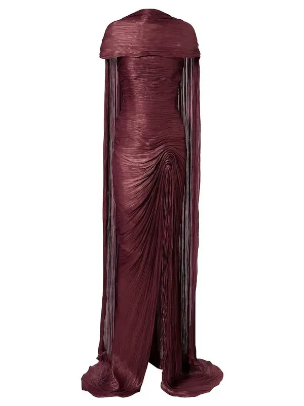 MARMAR HALIM Draped Pleated Scarf-detail Gown - Burgundy