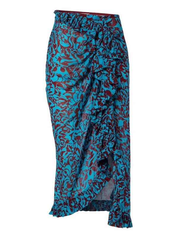 Dries Van Noten Printed Draped Ruffled Midi Skirt - Blue