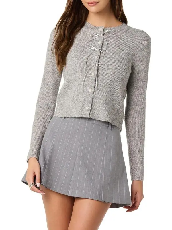 Astr The Label Satin Bow Knit Cardigan - Grey