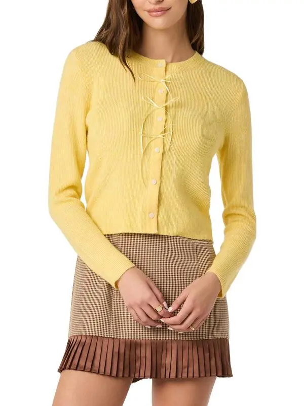Astr The Label Satin Bow Knit Cardigan - Yellow