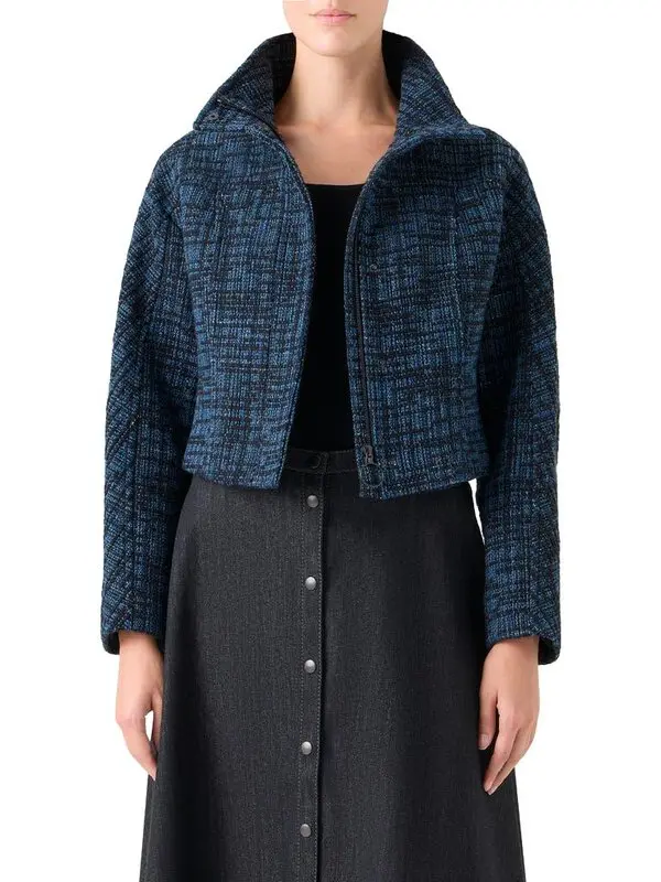 Akris Tweed Crop Jacket - Medium Blue Denim-black
