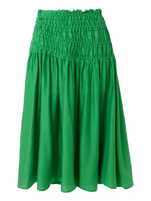 Tory Burch Ruffled Smocked Lyocell-blend Midi Skirt - Green