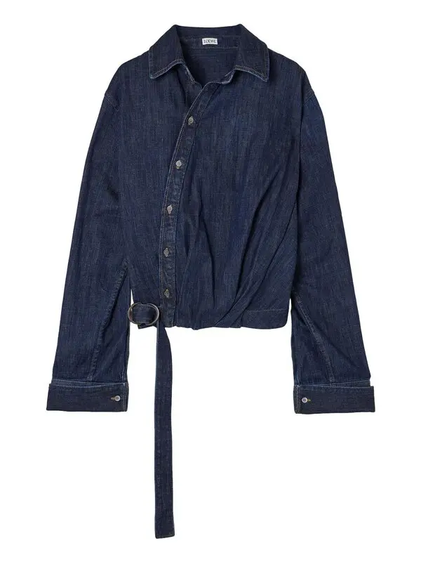 Loewe Belted Asymmetric Draped Denim Shirt - Blue