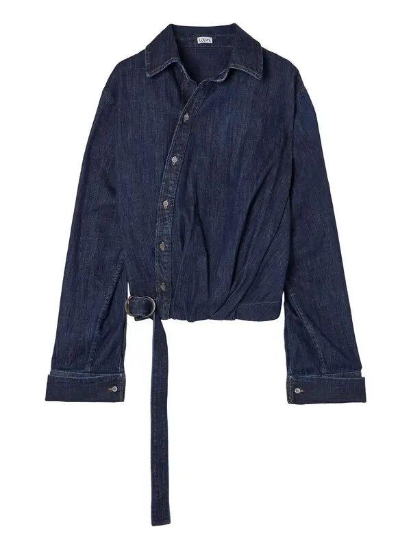 Loewe Belted Asymmetric Draped Denim Shirt - Dark Denim