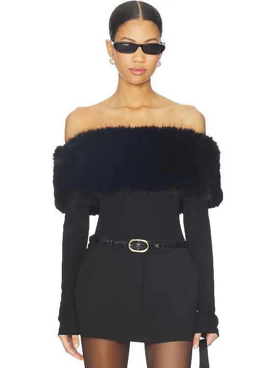 Lpa Off-shoulder Top With Faux Fur Trim - Black