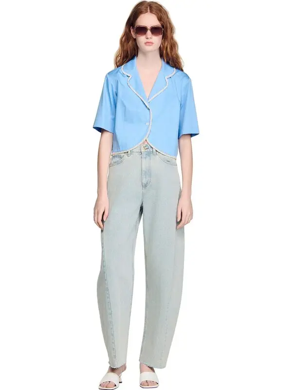 Sandro Cotton Shirt With Beaded Trim - Blue
