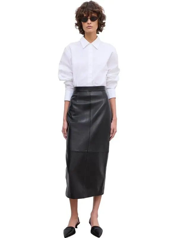 HOUSE OF DAGMAR Leather Midi Pencil Skirt - Black