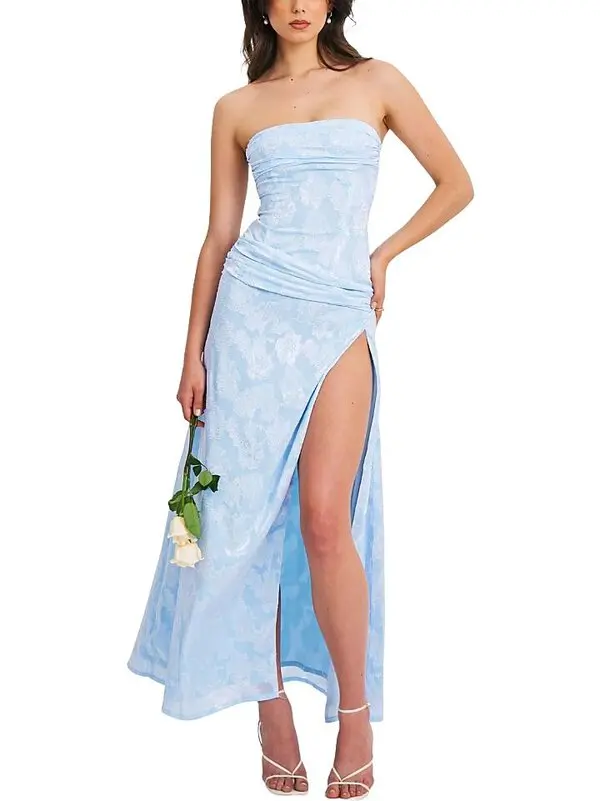 MISS CIRCLE Xatia Strapless Jacquard Maxi Dress With Slit - Baby Blue