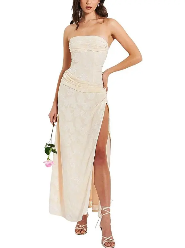 MISS CIRCLE Xatia Strapless Jacquard Maxi Dress With Slit - Off White