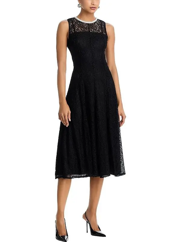 Aqua Lace Faux Pearl Trim Midi Dress - Black