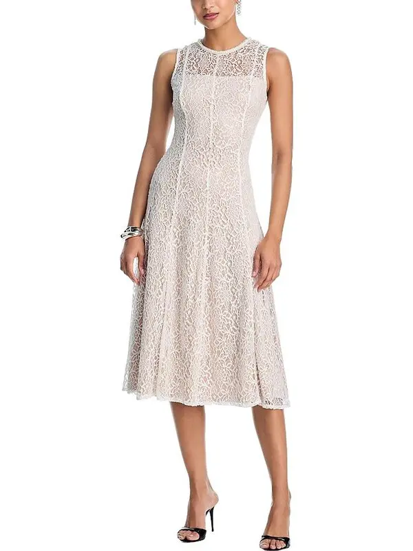 Aqua Lace Faux Pearl Trim Midi Dress - Ivory