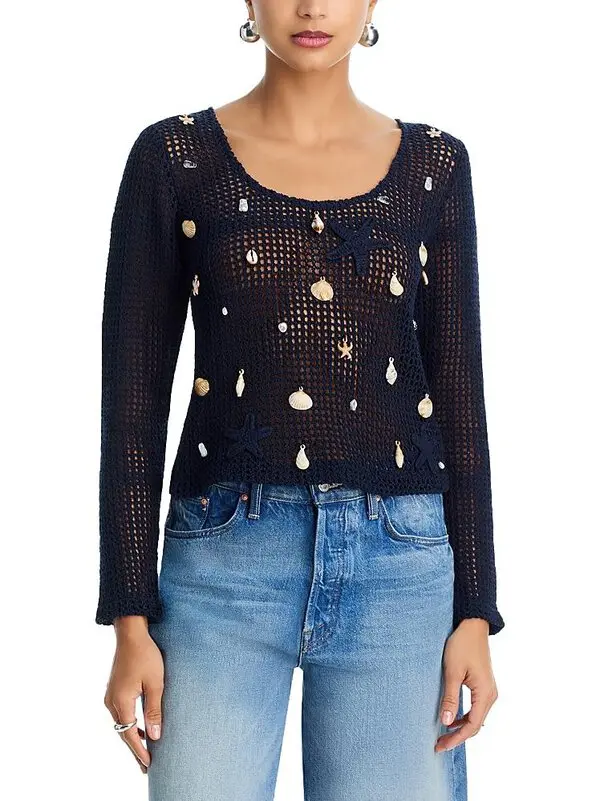 Aqua Treasure Crochet Long Sleeved Top - Navy