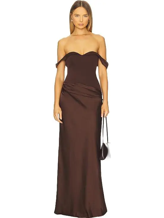 RUNAWAY THE LABEL Ebony Off Shoulder Maxi Dress - Chocolate