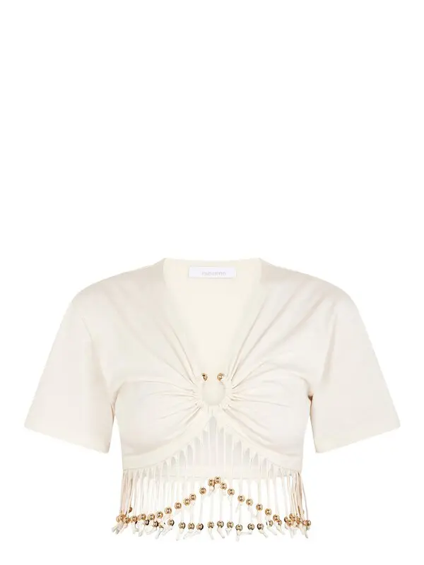 Rabanne Beaded Cotton Cropped T-shirt - Ivory