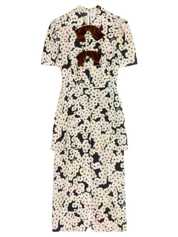 Valentino Garavani Primula-print Bow-details Midi Dress - Black