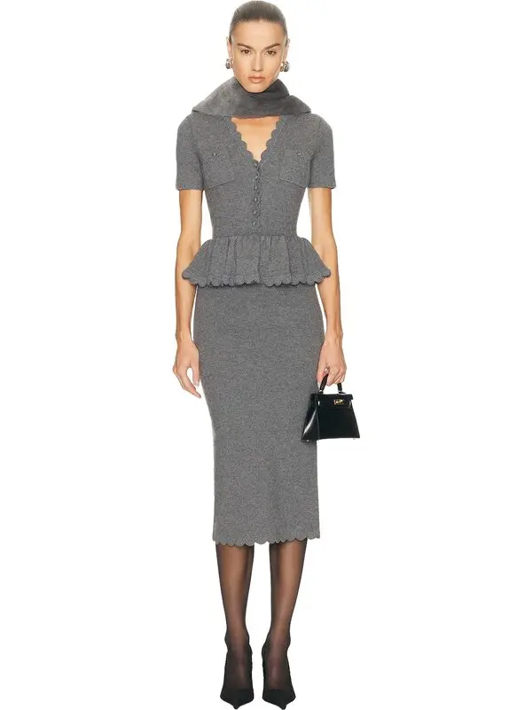SELF-PORTRAIT Peplum Knit Midi Dress - Grey