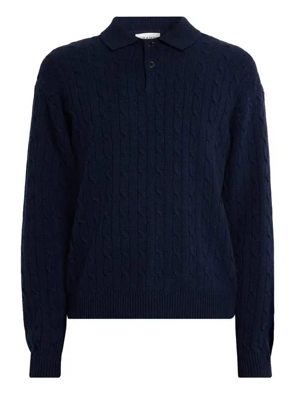 FRAME Wool And Cashmere Cable Knit Polo Sweater - Dark Navy