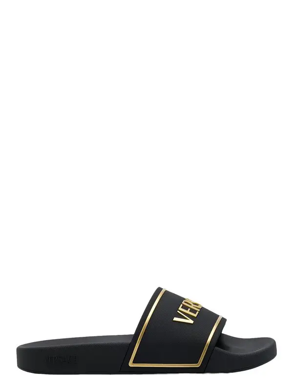 Versace Embossed Logo Rubber Pool Slides - Black Gold
