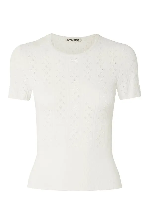 JW Anderson Bow-detailed Recycled Pointelle-knit T-shirt - Neutrals